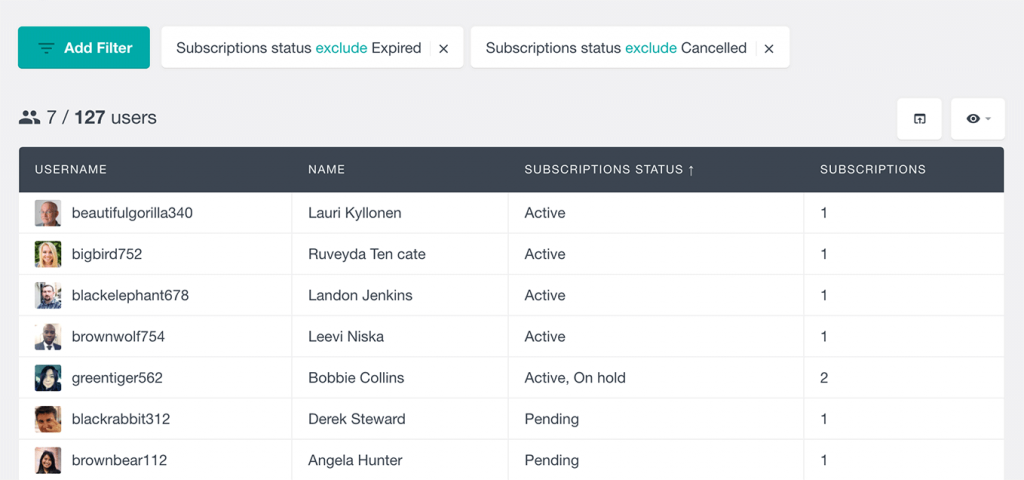 WooCommerce Subscriptions – Search and Filter User Data - Users Insights